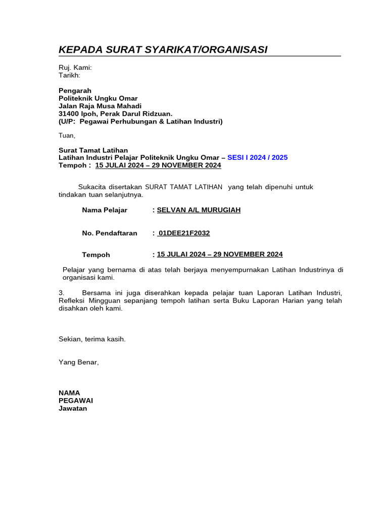 Contoh Surat Tamat Latihan | PDF