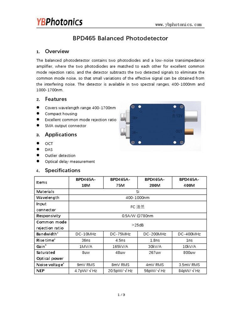 BPD465 Balanced Photodetector Overview | PDF | Detector (Radio ...