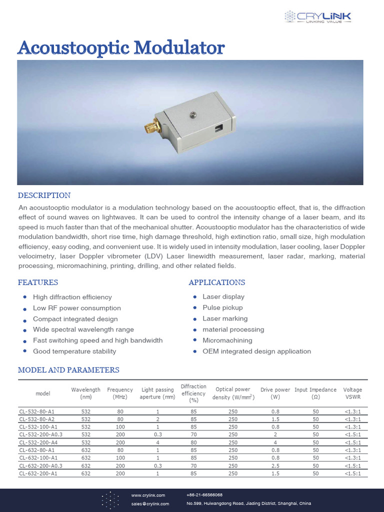 Acousto Optic Modulator CRYLINK 1 | PDF | Laser | Optics