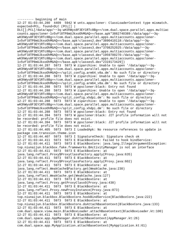 Com.dual.Space.parallel.apps.Multiaccounts.appscloner Logcat | PDF | Android (Operating System ...