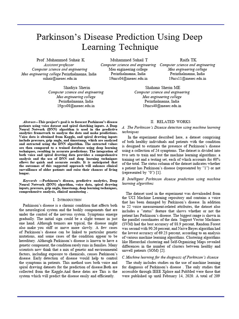 Parkinsons Disease Prediction Using Deep Learning Technique ICCIDT2K23 111 | PDF | Deep Learning ...
