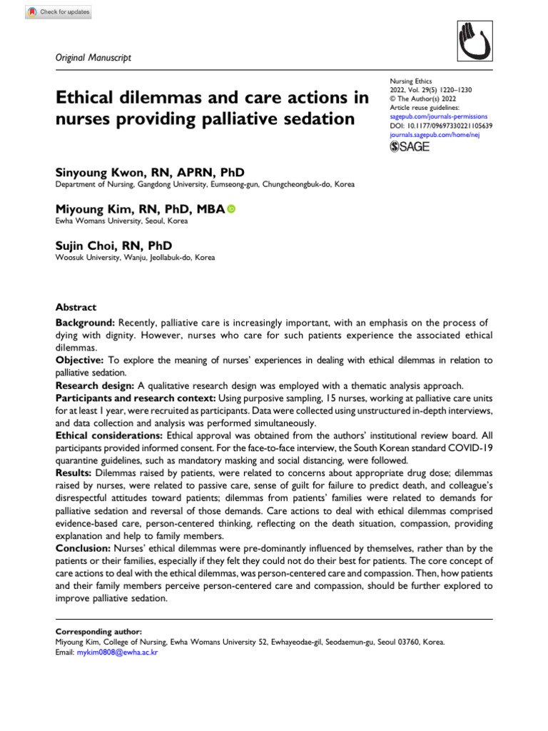 Kwon Et Al 2022 Ethical Dilemmas and Care Actions in Nurses Providing Palliative Sedation | PDF ...