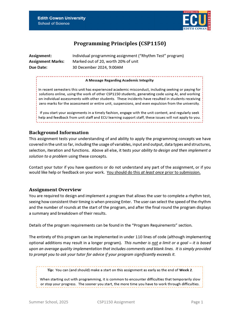 ProgPrinc (CSP1150) Assignment 250 | PDF | Computer Programming | Control Flow