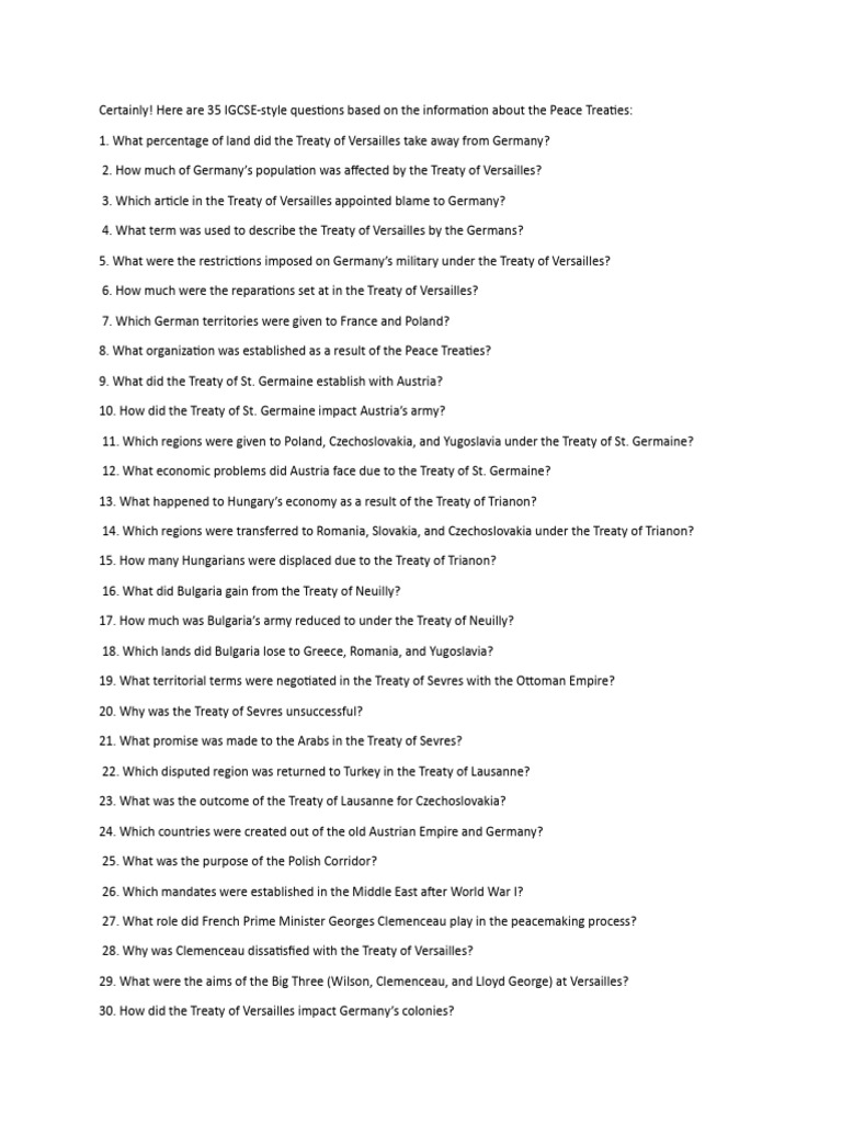 IGCSE Questions on Peace Treaties | PDF | Treaty Of Versailles ...