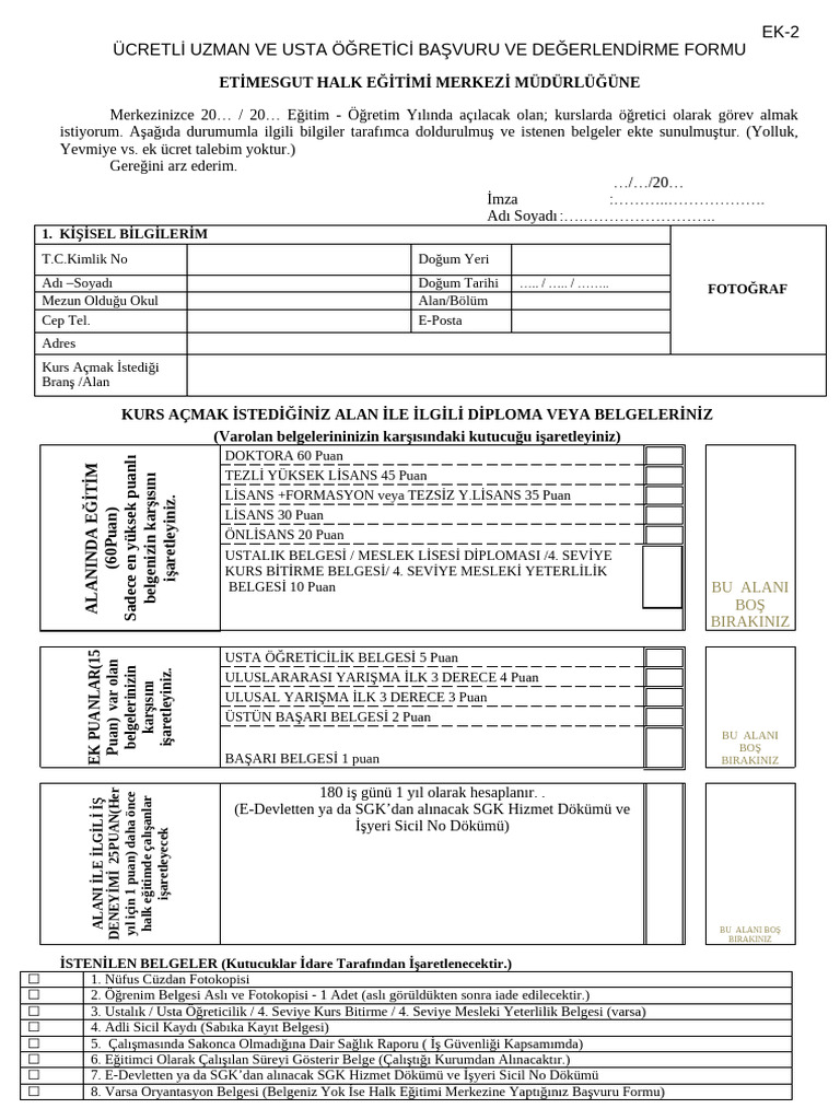 Usta Ogretici Basvuru Formu | PDF