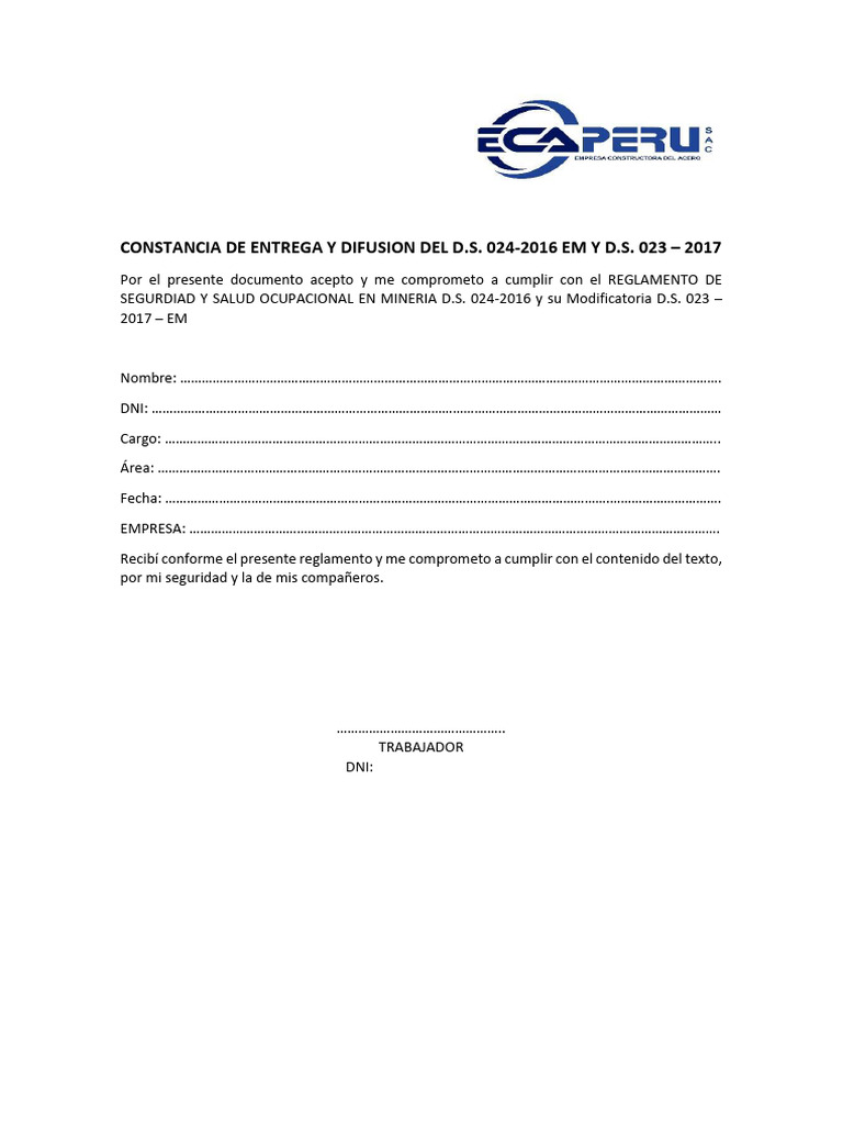 Constancia de Entrega y Difusion Del D.S. 024 - 2016 em y D.S. 023 ...