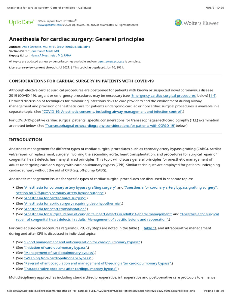 Anesthesia For Cardiac Surgery: General Principles - UpToDate | PDF ...