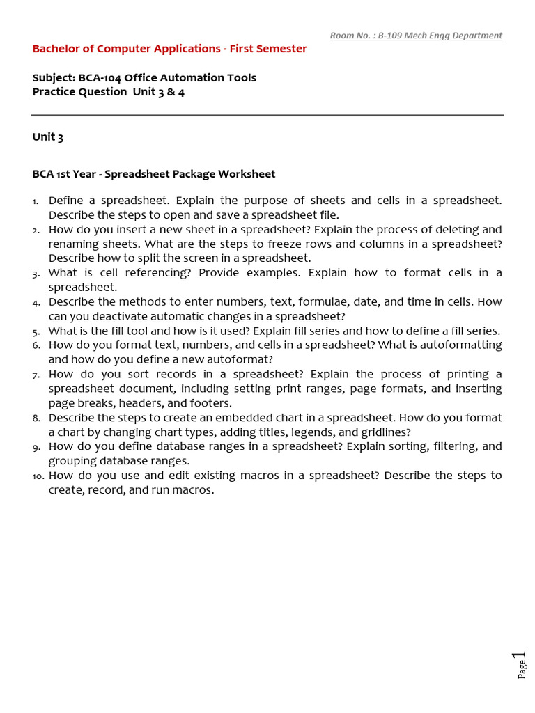 Practice Questions Unit 3&4 BCA office automation tools | PDF | Spreadsheet | Software