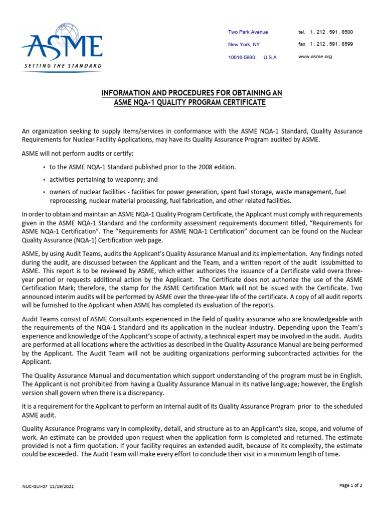 Information and Procedures Obtaining NQA 1 Certificate | PDF