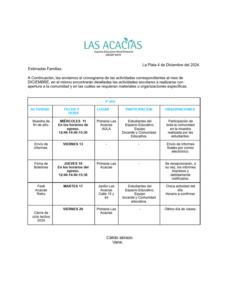 Cronograma Diciembre 3ero | PDF