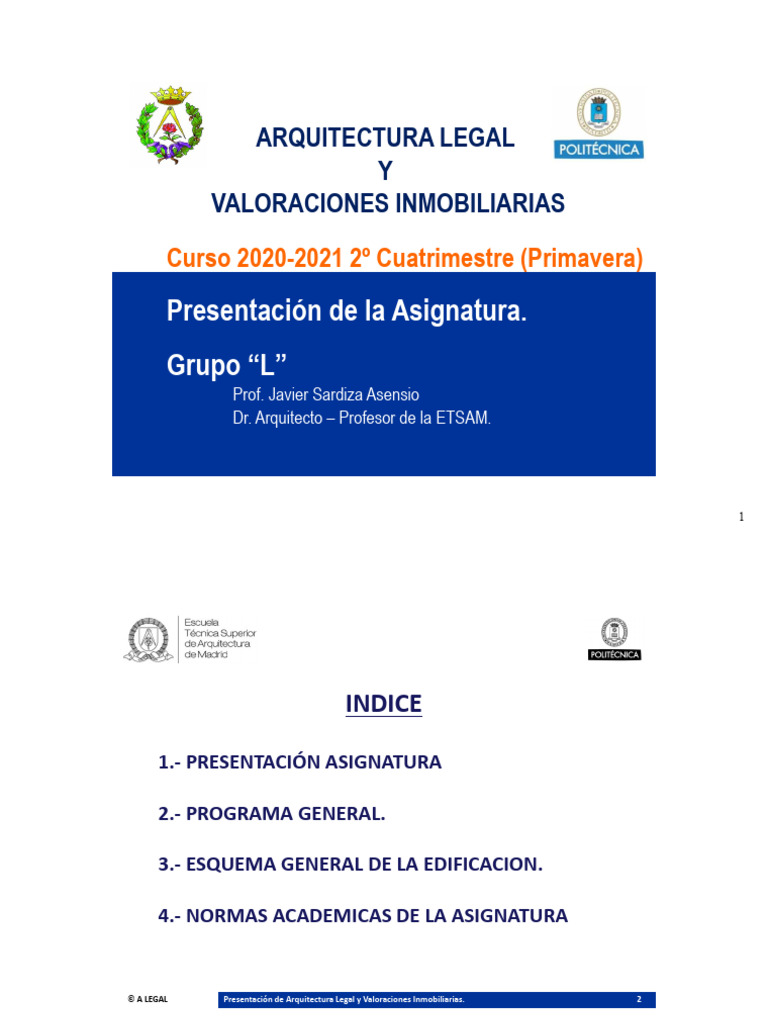 TEMA 0 Presentación y Esquema Asignatura Arquitectura Legal - Primavera 2021 JSA | PDF | Arquitecto