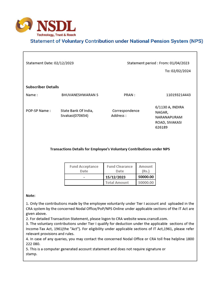 NPS Voluntary Contribution Statement | PDF