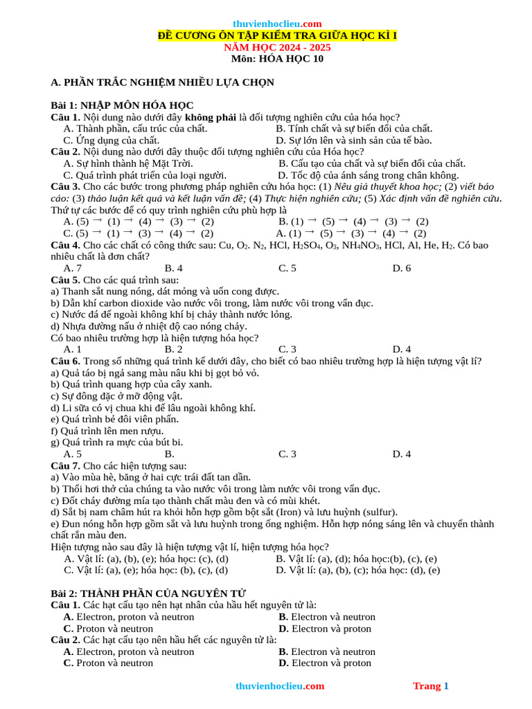 De Cuong On Tap Giua HK1 Hoa 10 CTST CTM | PDF