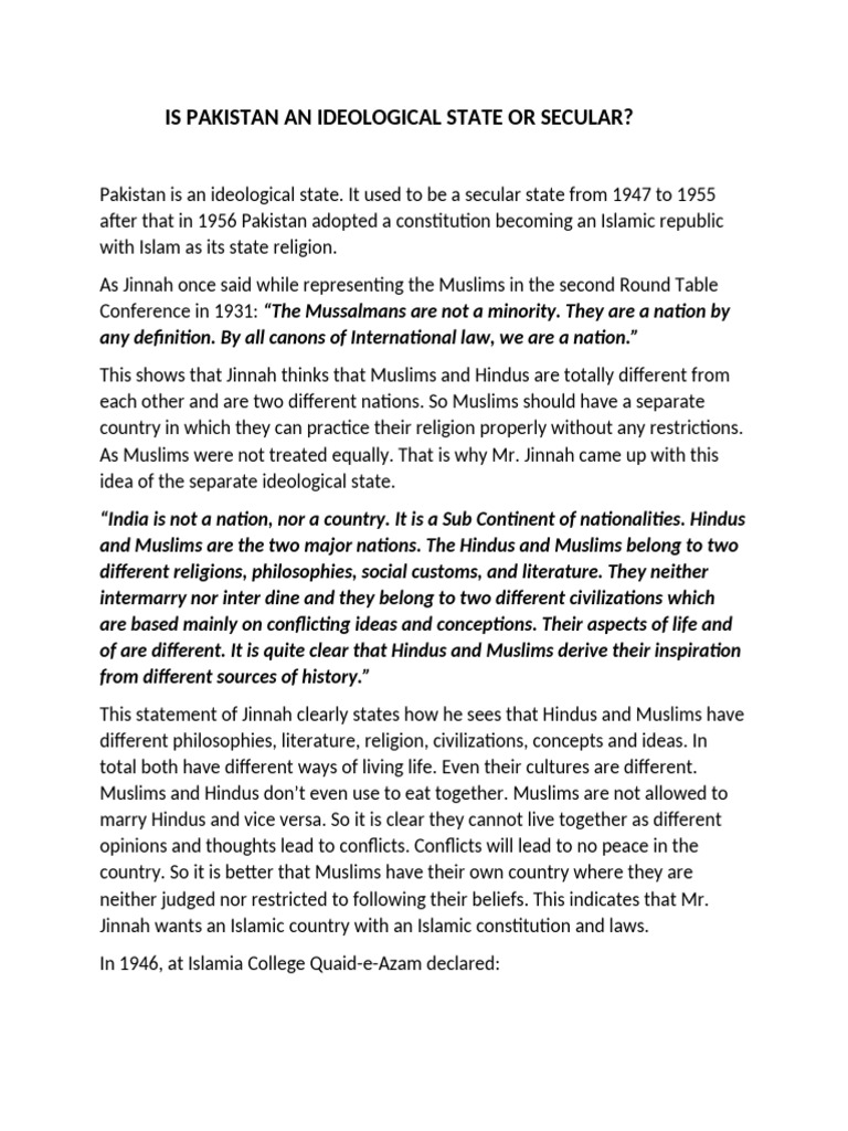 Is Pakistan An Ideological State or Secular? | PDF | Muhammad Ali ...