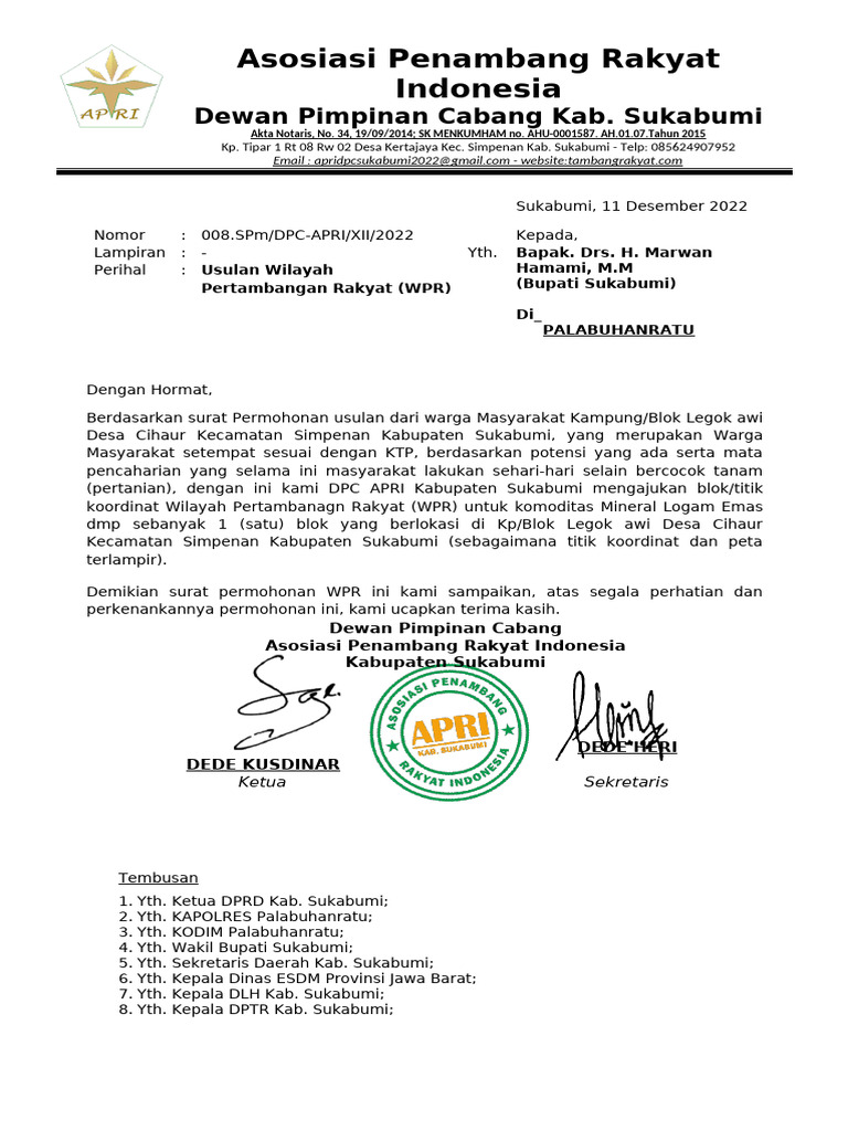 Surat Usulan WPR Legokawi Cihaur | PDF