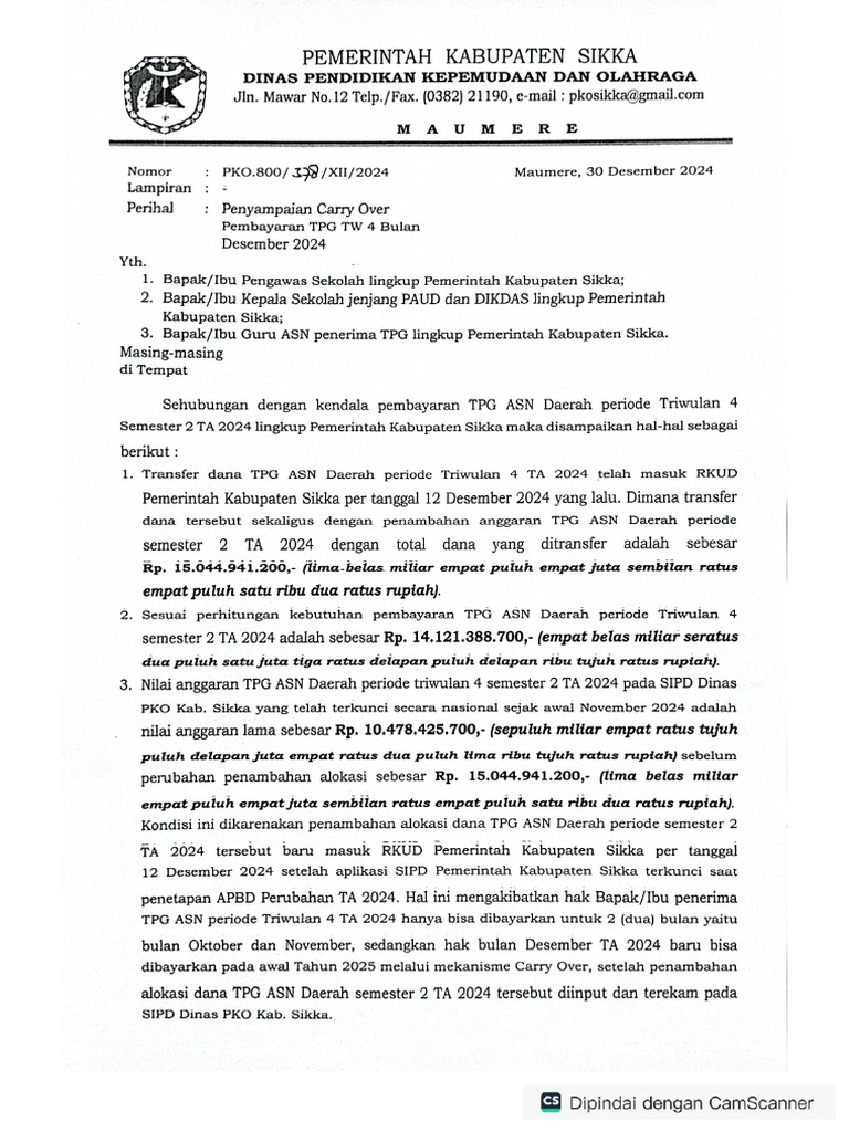 Surat Penyampaian Carry Over TPG TW 4 | PDF