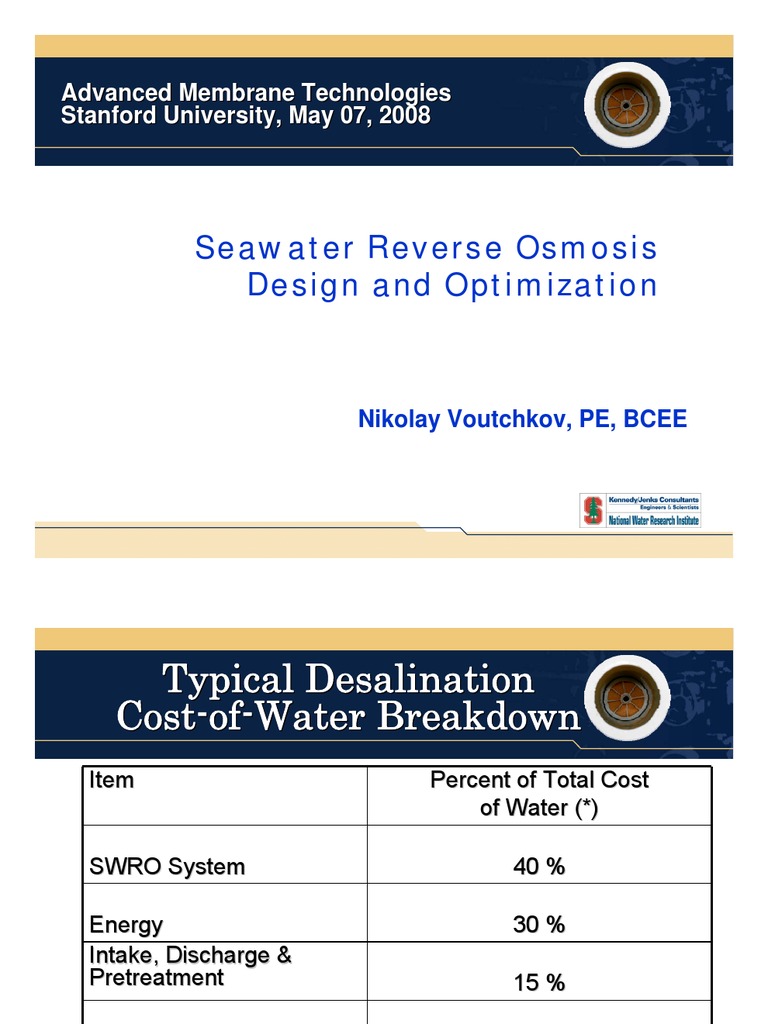 SWRO Desalination Cost & Optimization | PDF | Membrane | Desalination