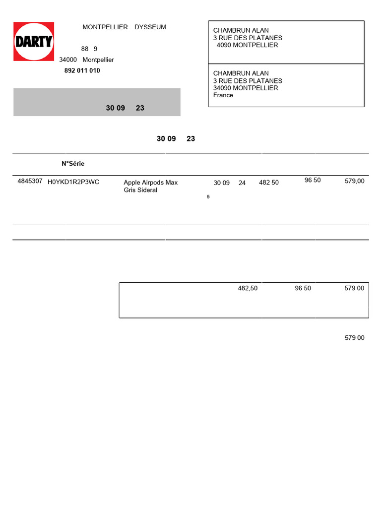 Facture AirPods Max Darty 30/09/2023 | PDF | Finance publique | Commerce