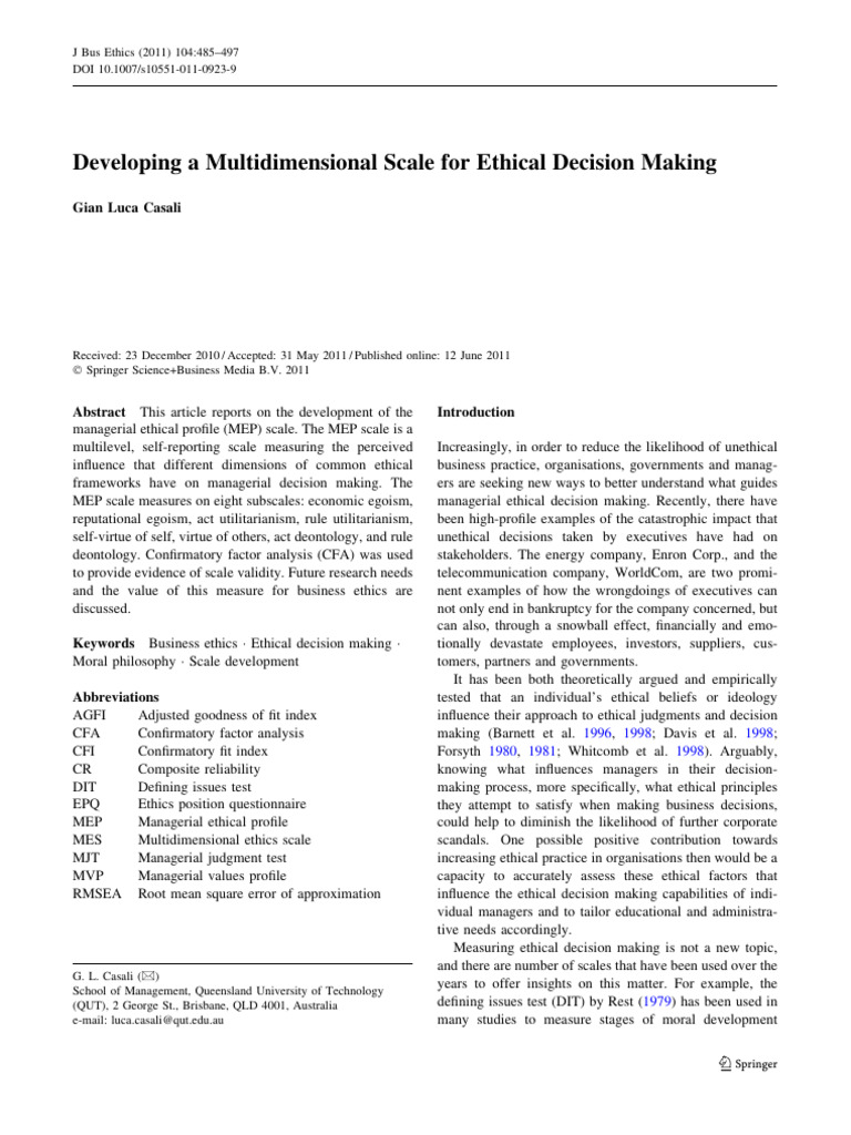 Developing A Multidimensional Scale For Ethical Decision MakingJournal of Business Ethics | PDF