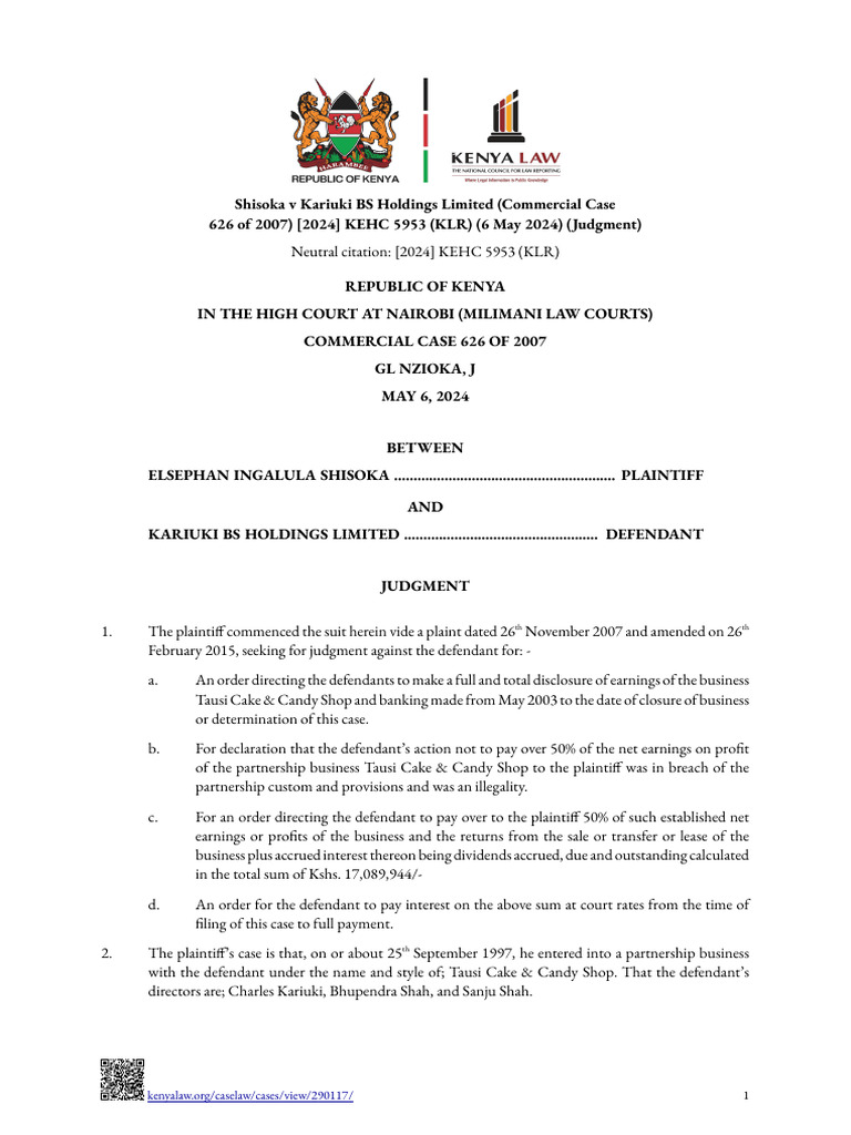 Shisoka V Kariuki BS Holdings Limited (Commercial Case 626of2007 ...