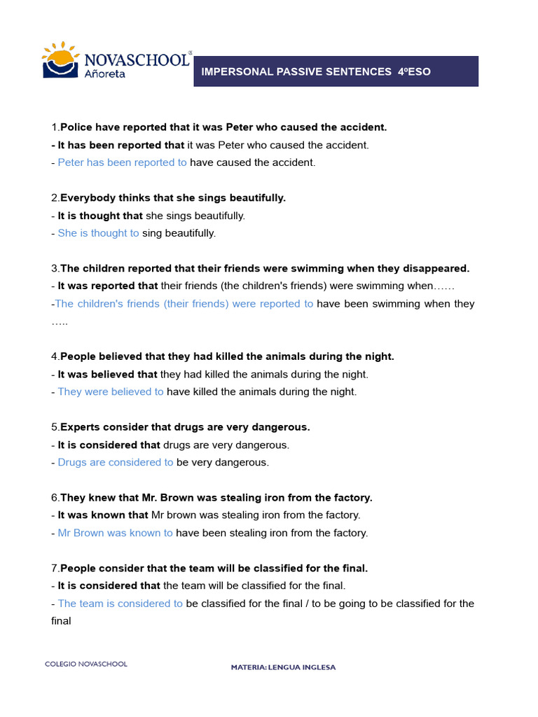 Impersonal Passive Sentences Exercises With Answers 4 ESO | PDF