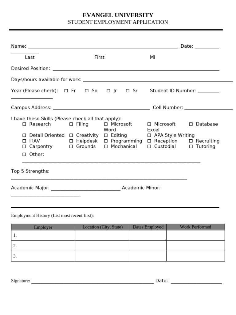 Student Employment Application | PDF