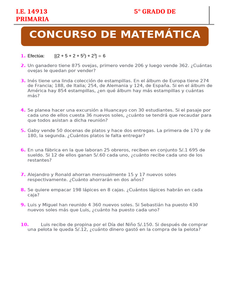 Concurso Matematica 5 Grado de Primaria | PDF