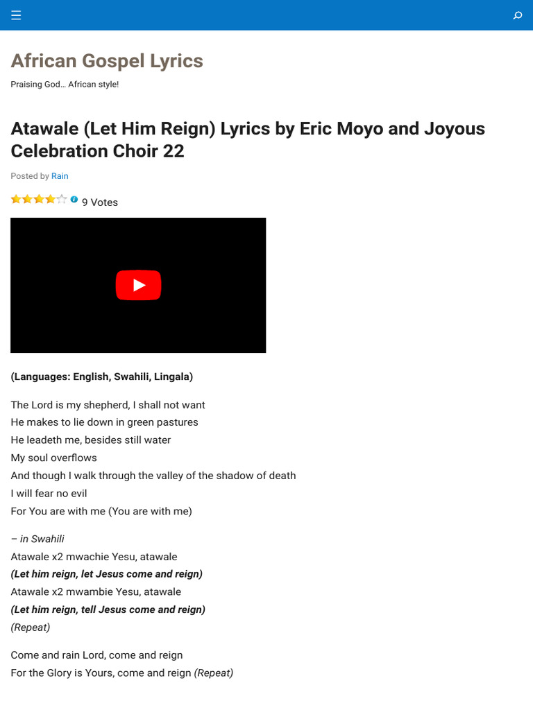 African Gospel Lyrics: Atawale (Let Him Reign) Lyrics by Eric Moyo and ...