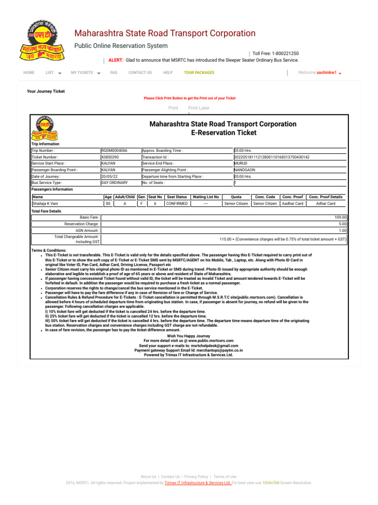 MSRTC Sleeper Seater Bus Ticket | PDF | Fare