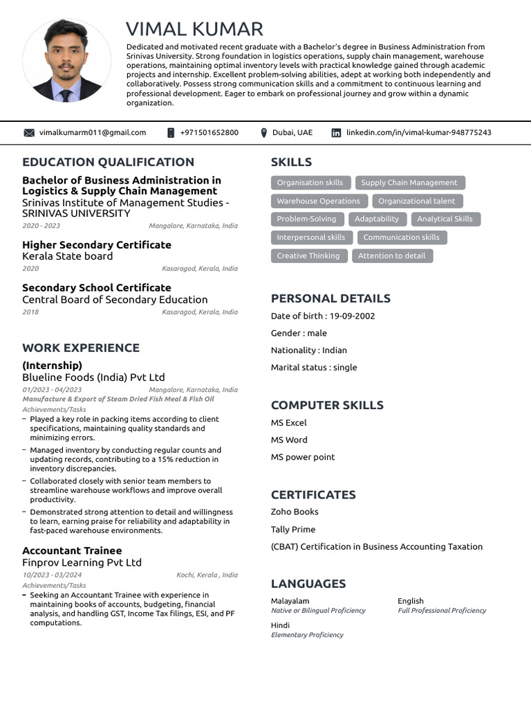VIMAL Kumar's Resume | PDF | Supply Chain Management | Kerala