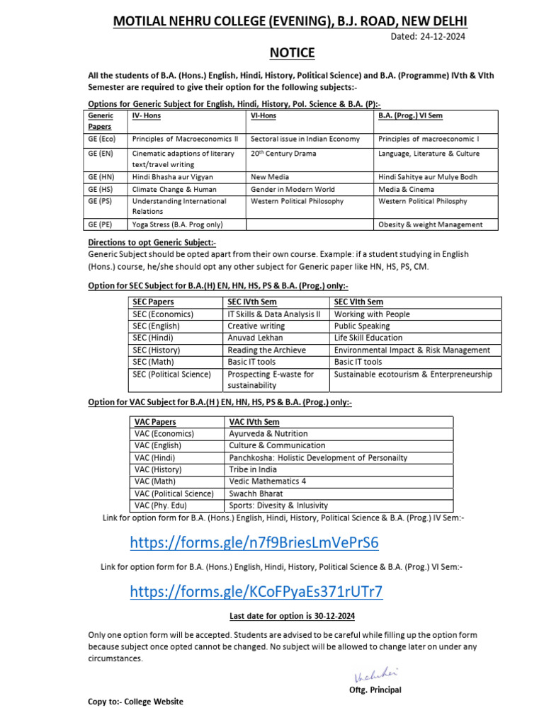 Notice Regarding Option Form For GE, SEC and VAC (IInd Sem and IVth Sem) | PDF | Liberal Arts ...