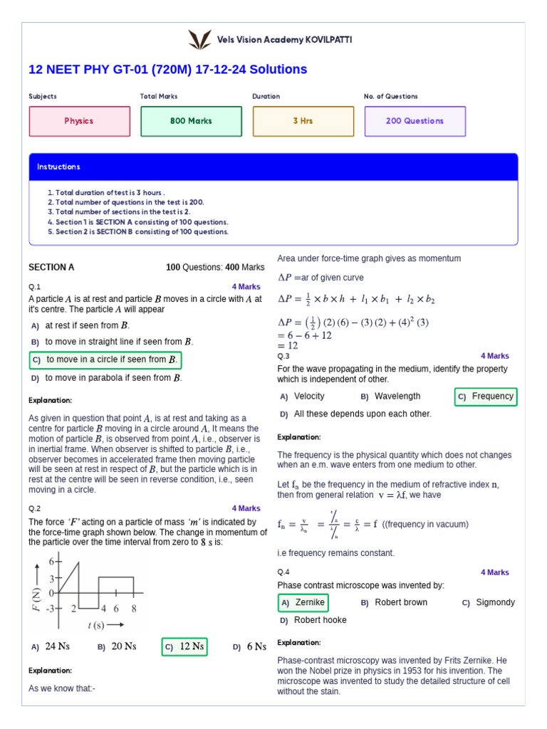12 NEET PHY GT-01 (200Q) 1 & 2 Group Key 17-12-24 | PDF | Waves | Rainbow