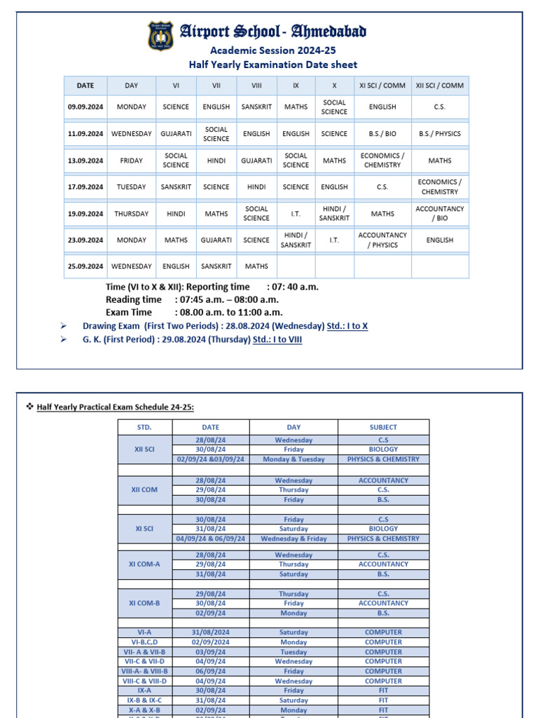 STD VI XII Term I End Exam Timetable 2024 25 - Compressed | PDF