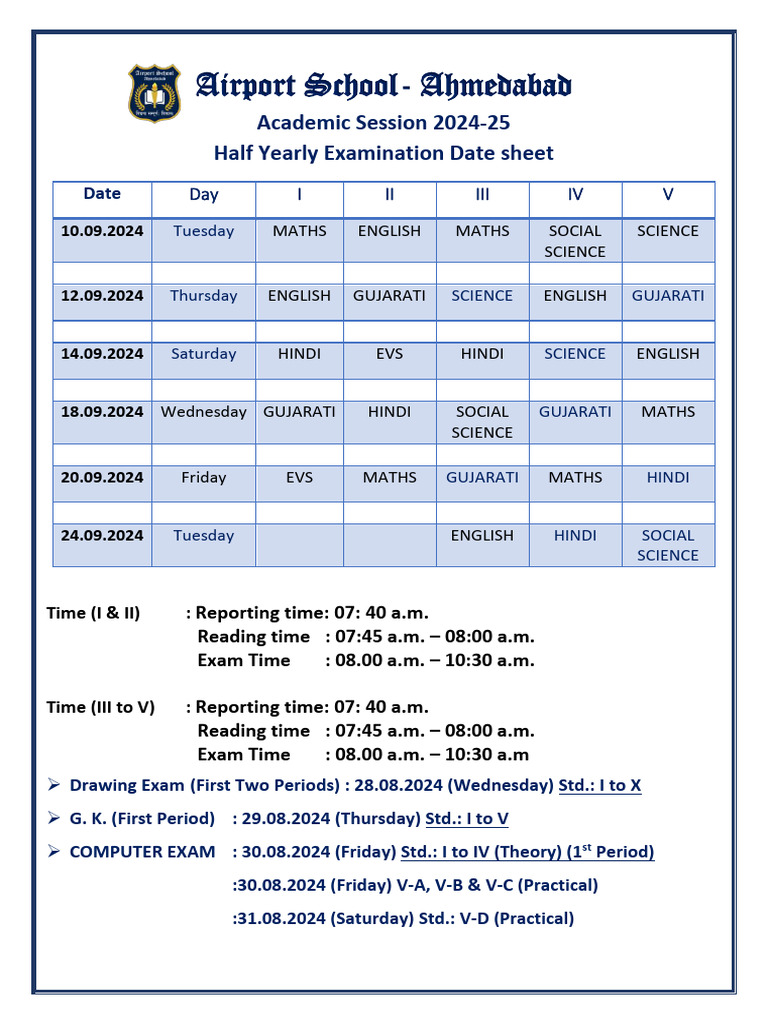 STD I v Term I End Exam Timetable 2024 25 Compressed (1) | PDF
