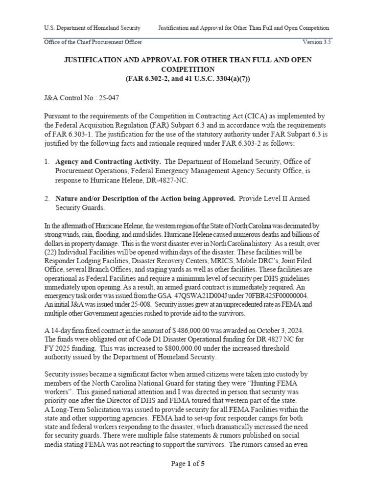 Justification and Approval For Other Than Full and Open Competition ...