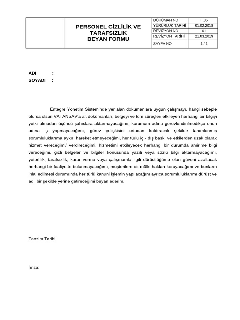 F.86 Personel Gizlilik ve Tarafsızlık Beyan Formu Rev. 1 (1) | PDF