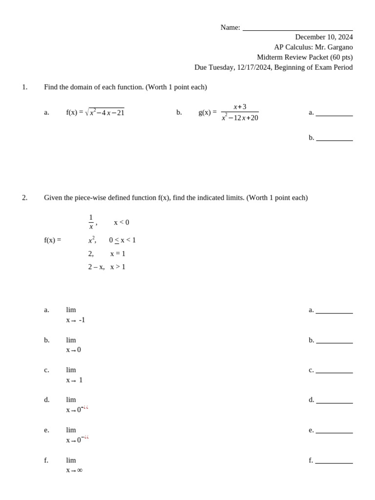 AP Calculus Midterm Review Packet | PDF | Function (Mathematics ...