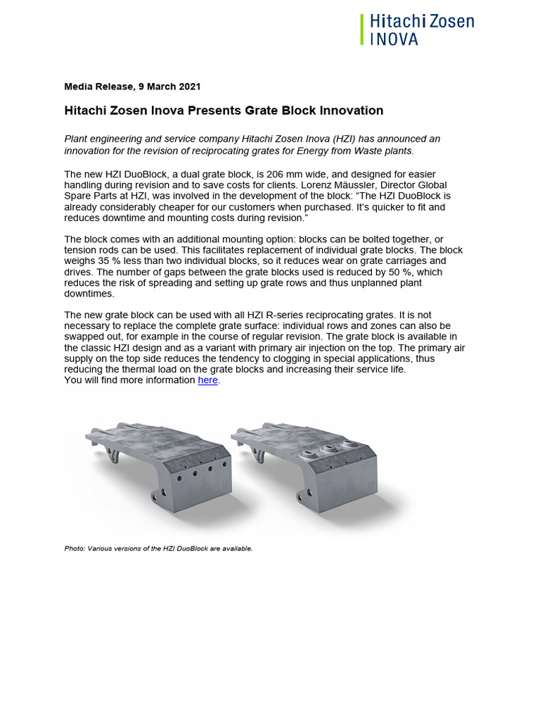 HZI Develops New Grateblock For EfW Plants 1 | PDF