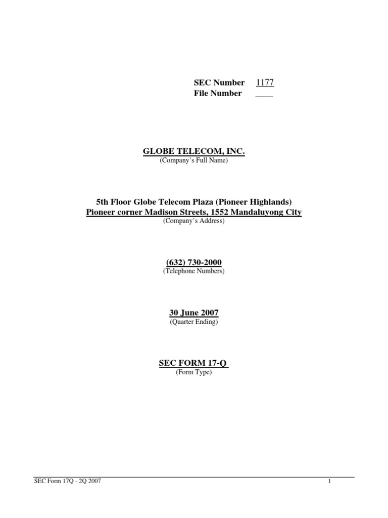 Globe SEC 17Q June 2007 | PDF | Internet Access | Financial Statement