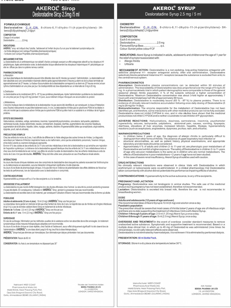 Akerol Syrup Desloratadine 25mg Per 5mL PIL | PDF