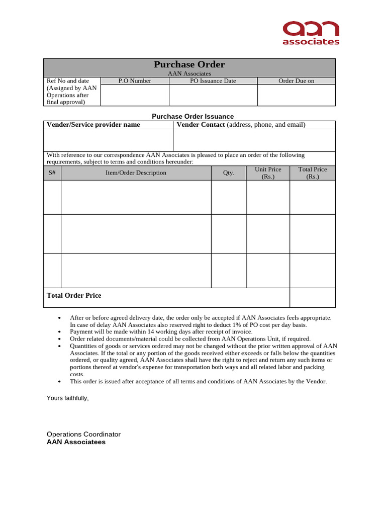 AAN PO - Work-Purchase Order form | PDF
