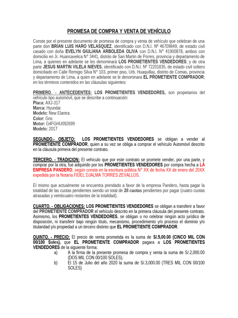 PROMESA DE COMPRA VENTA DE VEHICULO | PDF