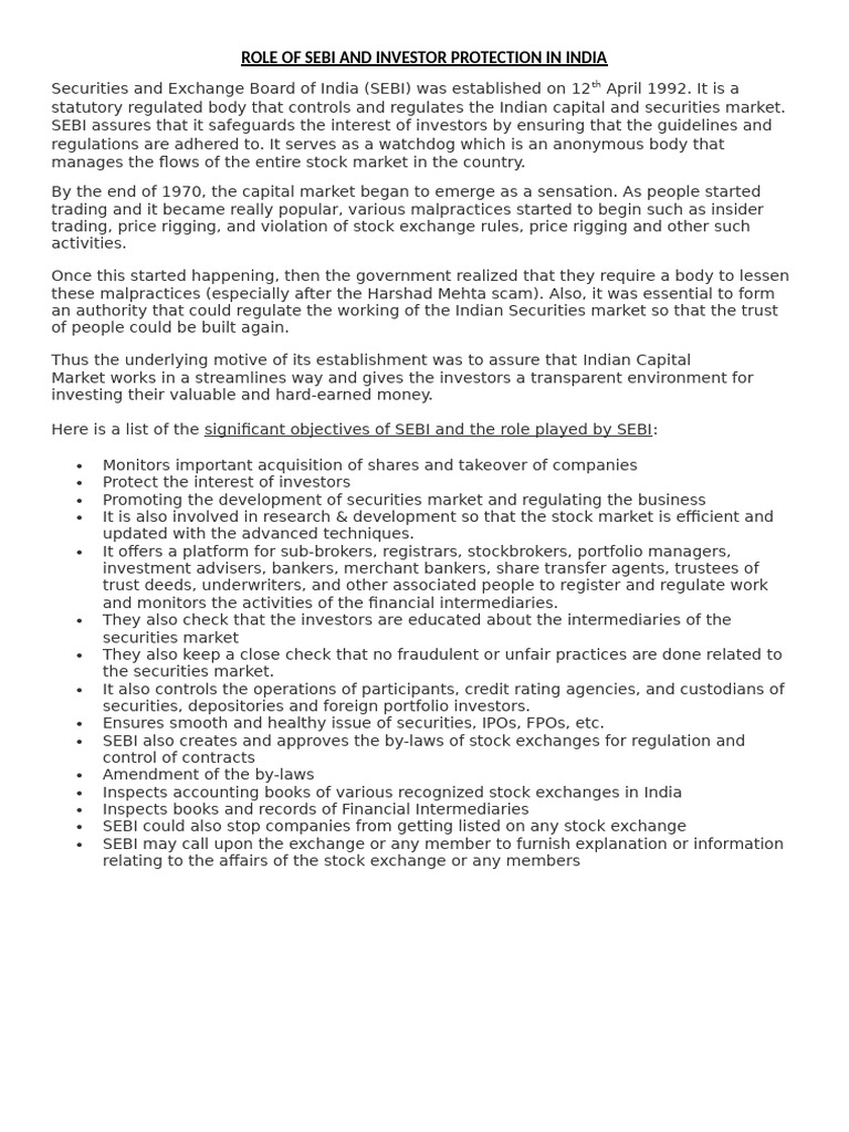 ROLE OF SEBI AND INVESTOR PROTECTION IN INDIA | PDF | Securities ...