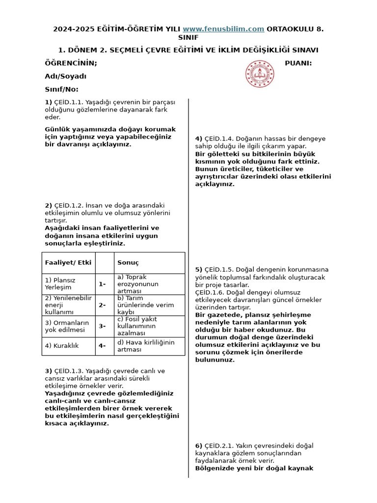 Sinif Cevre Ve Iklim Sinavi | PDF