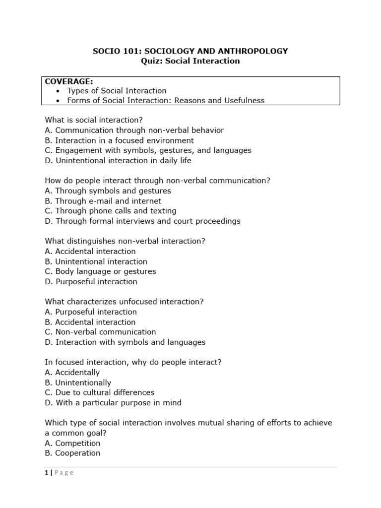 Quiz on Social Interaction Types | PDF | Communication | Nonverbal ...
