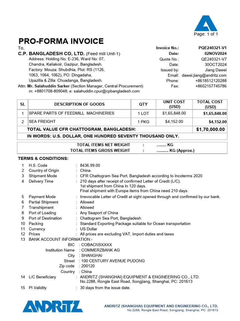128 Draft Proforma Invoice - Pqe240321-V1 - CP CTG (02nov2024) | PDF | Economies | Trade