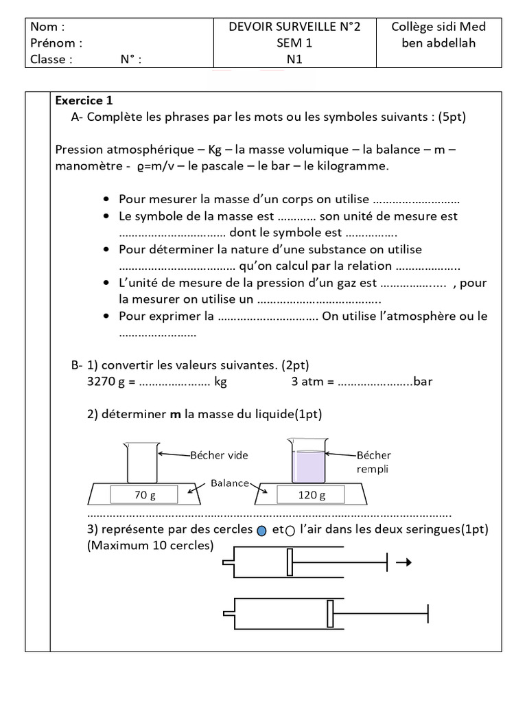 Devoir 1 Palier 2 PC 1term FR 1ere College | PDF