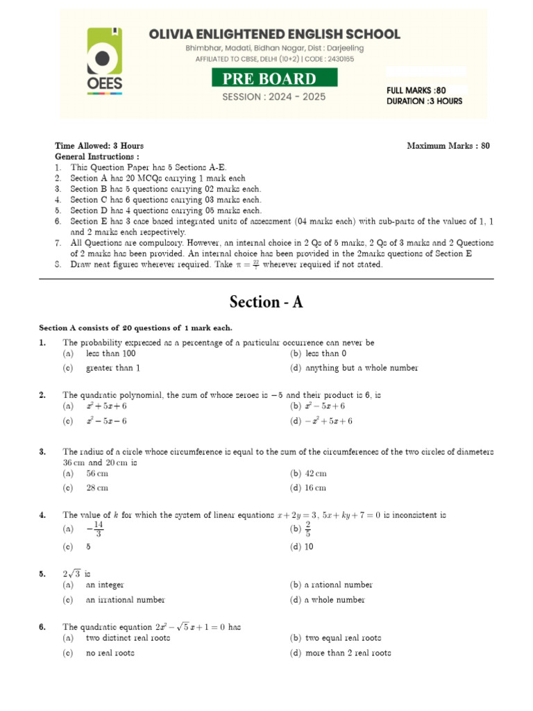 PRE BOARD BASIC SET 2 | PDF | Circle | Numbers