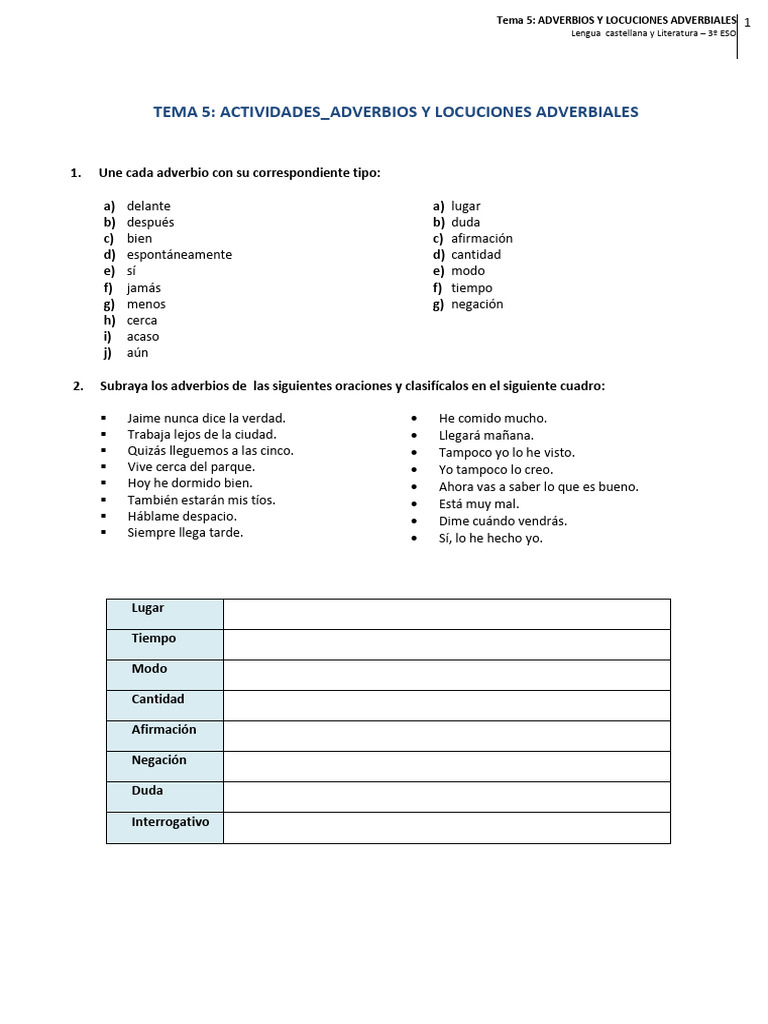 Adverbios y Locuciones Adverbiales - Actividades 3º Eso | PDF | Adverbio