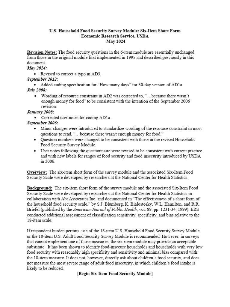 Usda 6 Item Food Security Screen Pdf Food Security